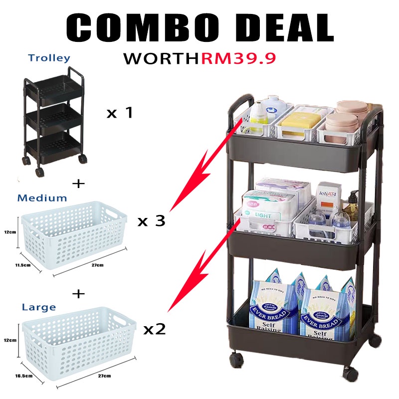PATTERN Trolley Rack Storage 3 Tier Trolley Kitchen Rack With Wheel ...