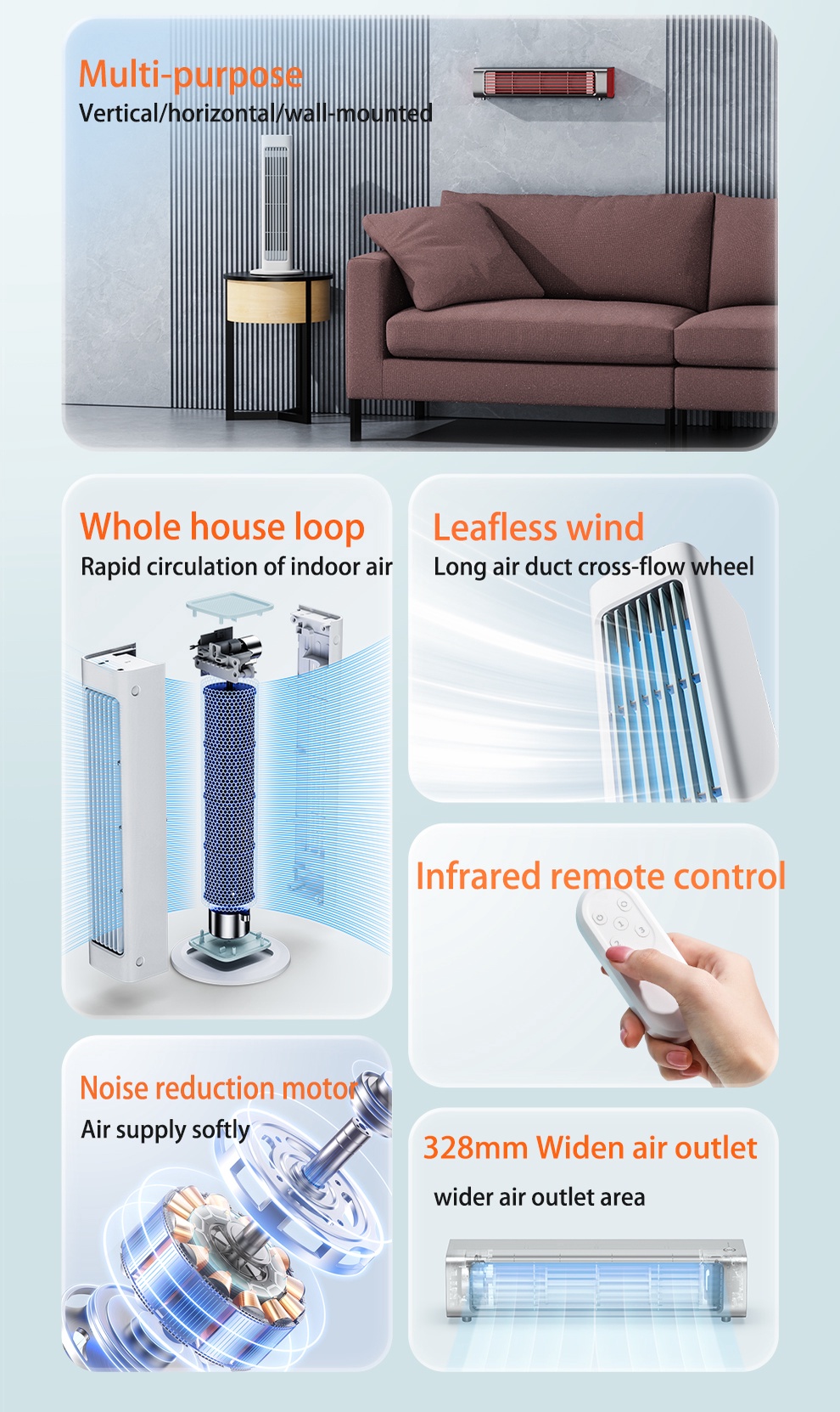 Oatsbasf Wall Mounted Bladeless Tower Fan With Remote Control 4481