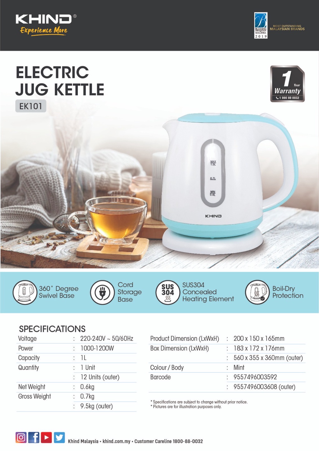 [NEW] Khind Electric Jug Kettle (1.0L) EK101 | Shopee Malaysia