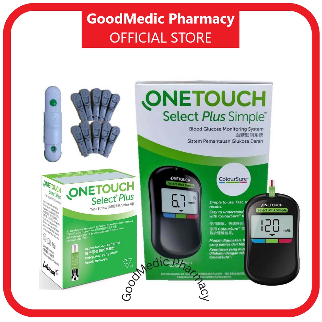One Touch Select Plus Glucose Meter ColourSure -25 test strips,10 ...