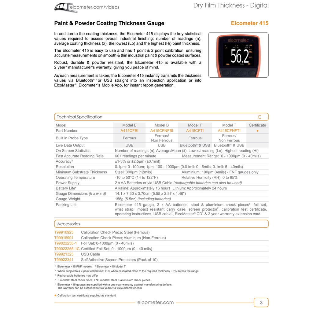 Elcometer 415 A415CFNFBI Integral Probe Coating Thickness Gauge Dual ...