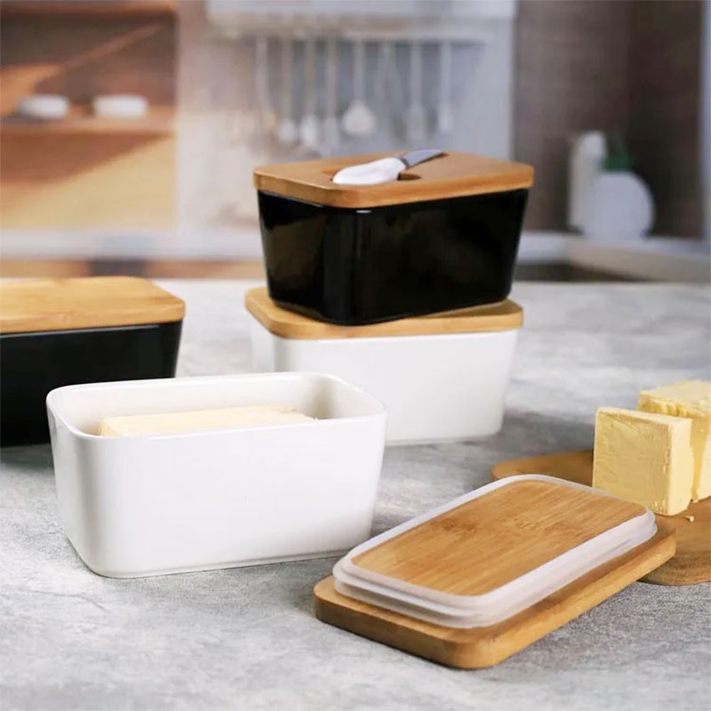 Airtight Wooden Lid Cutting Board Ceramic Butter Box With Knife ...