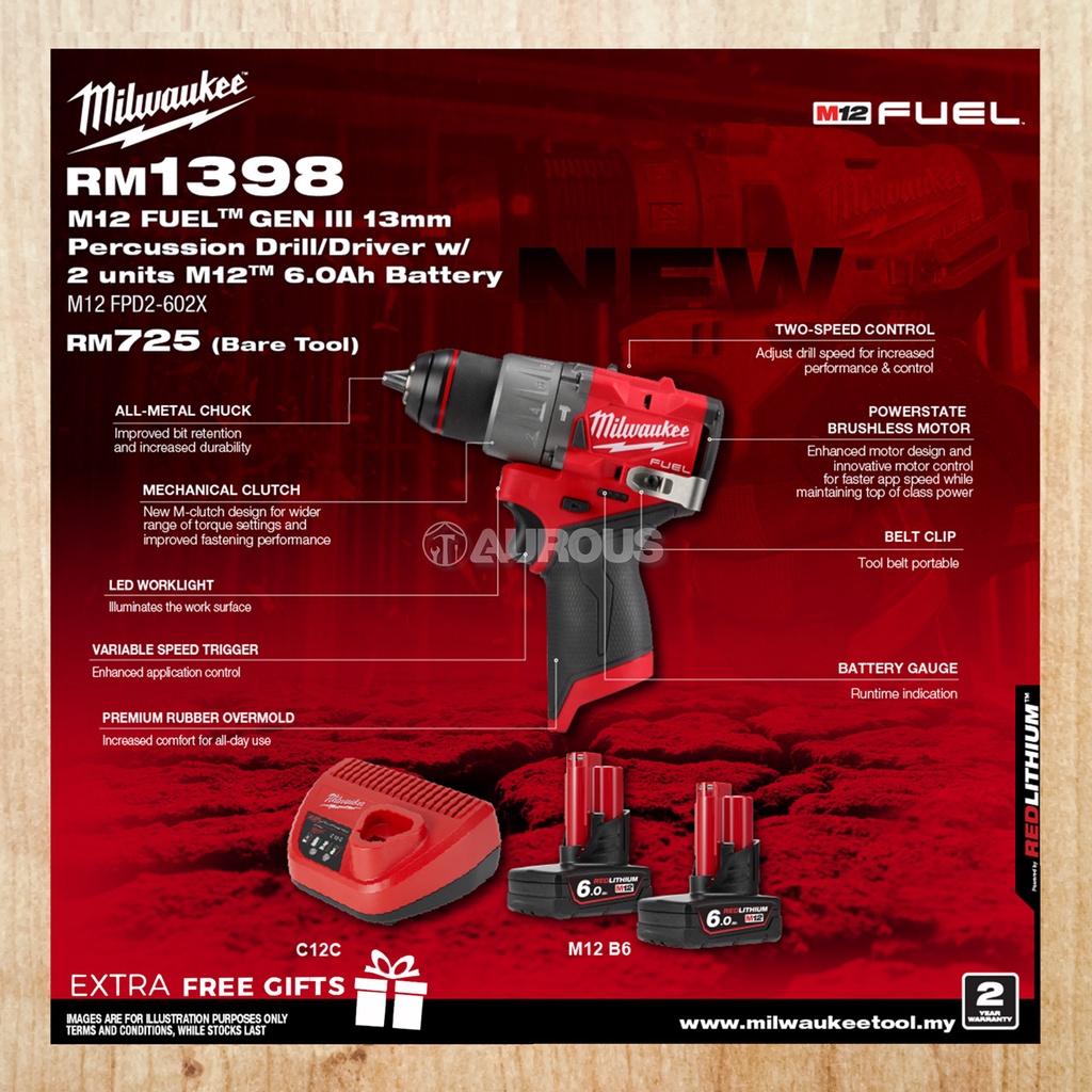 MILWAUKEE M12 FUEL GEN 3 13MM PERCUSSION HAMMER DRILL/DRIVER (M12 FPD2 ...
