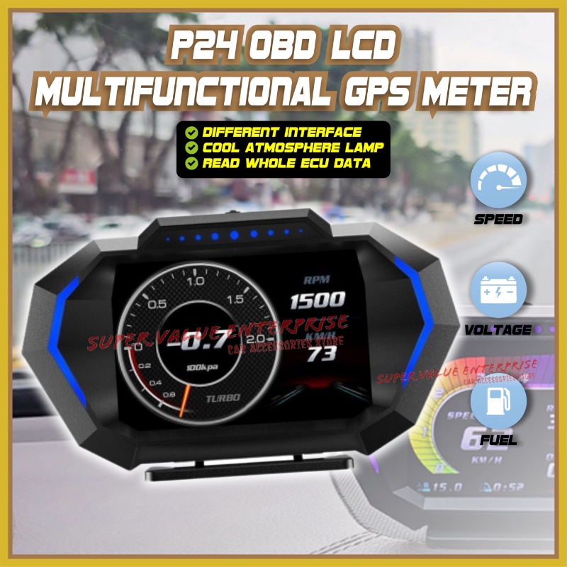 P24 OBD+GPS HUD Gauge OBD Digital Meter OBD2 Meter Car Smart Digital ...