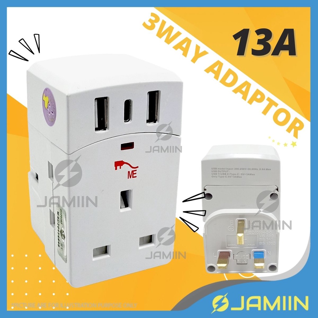 SIRIM 13A 3WAY Adaptor Multi way Adaptor 13A Plug Socket USB Port Easy for 2 Pin Plug Extension ...