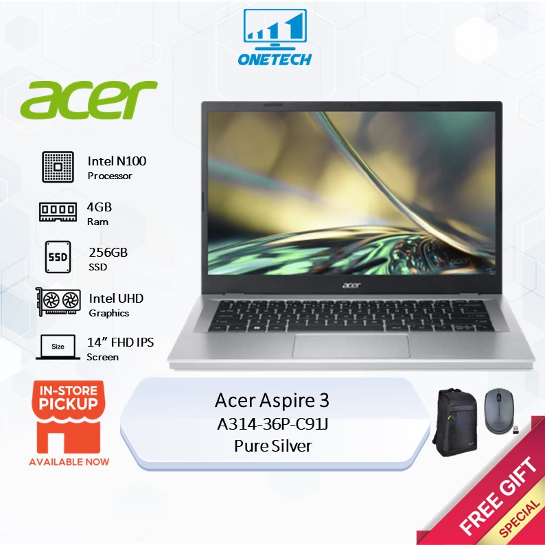 Acer Aspire 3 A314-36P-C91J Notebook - Pure Silver (14" FHD IPS/Intel N100/4GB/256GB SSD/Intel ...