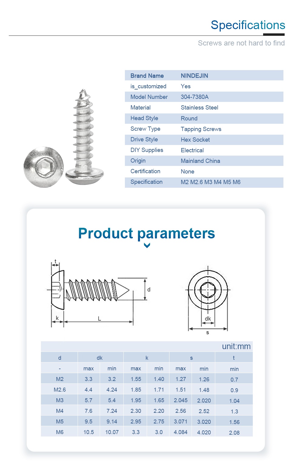 NINDEJIN 5-50pcs Button Head Hex Socket Self Tapping Screw M2 M2.5 M3 M4 M5 M6 Stainless Steel ...