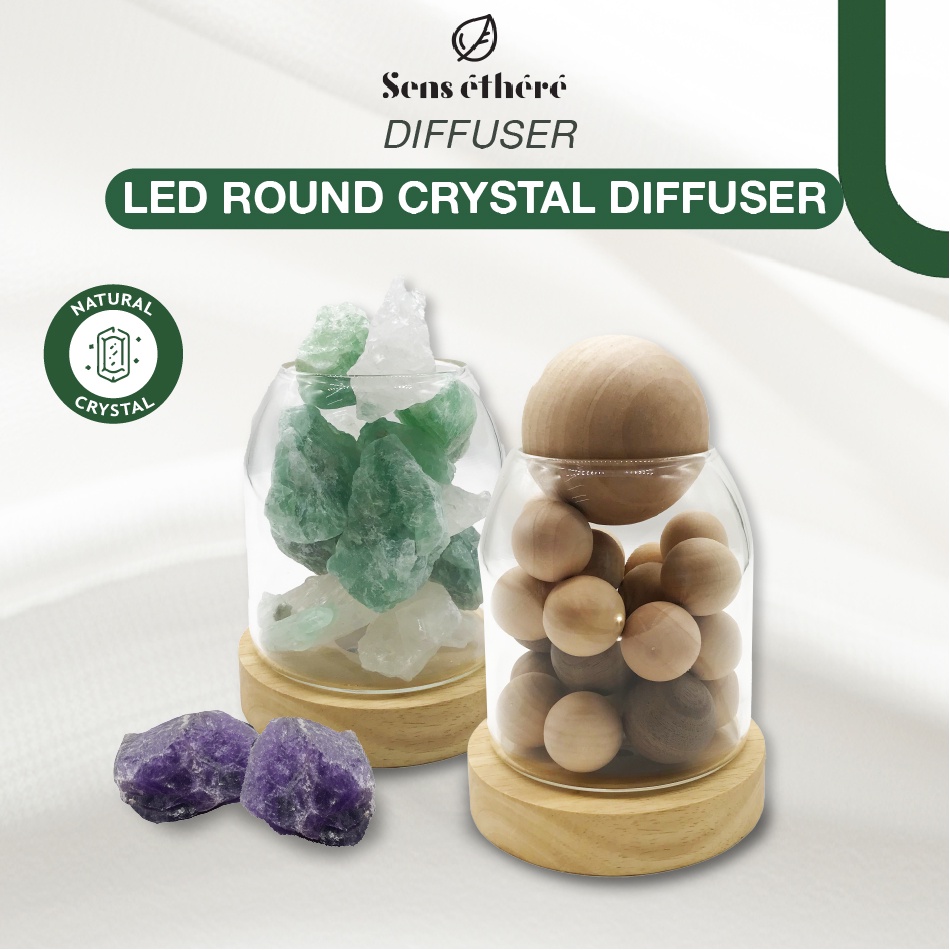 Sens éthéré Round Glass USB Cable Crystal Stone and Wood Aromatherapy Diffuser for Essential Oil ...