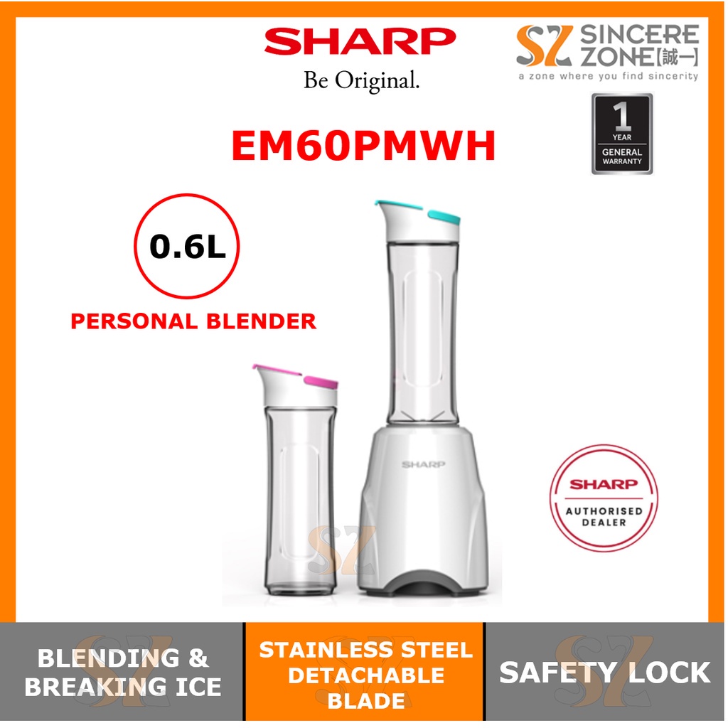 SHARP PERSONAL BLENDER EM60PMWH (300W) 0.6L WITH 2 600ML TUMBLERS ...