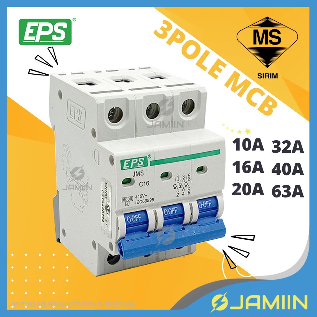 [SIRIM] EPS 3 POLE MCB Three Pole Miniature MCB Box Kotak Circuit Breaker MCB DIN Rail Mount ...