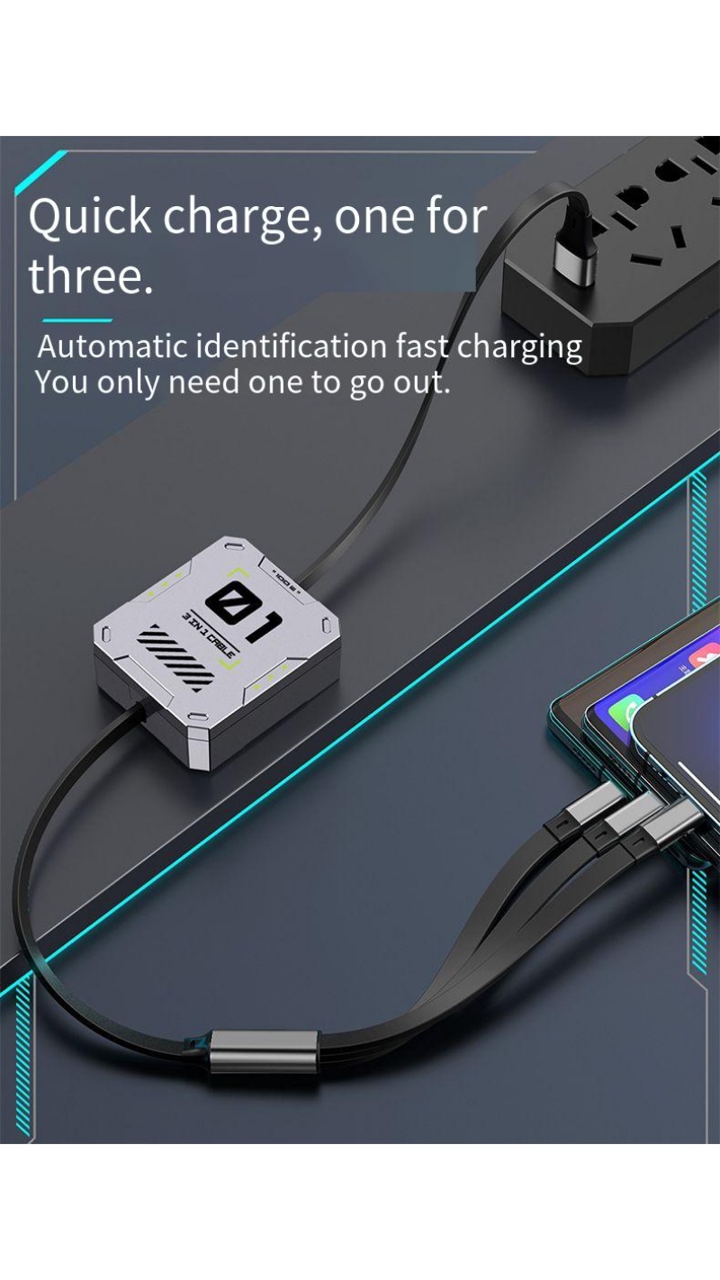 6A Super Fast Charging Cable Retractable 3 in 1 Data Cable Micro USB ...