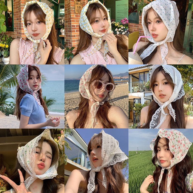 Retro Lace Floral Headscarf Women's Triangle Scarf Headband Tied Hair ...