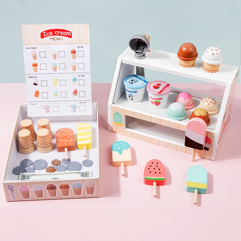 Wooden Cream Ice Shop Pretend Play Toy Set For Kids Mini Role Play Ice ...