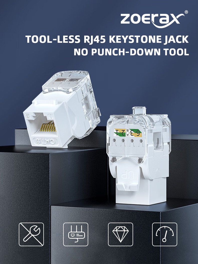 CAT6A CAT6 CAT5e Tool-Less RJ45 UTP Keystone Jack, ZoeRax No Punch-Down Tool Required Module ...