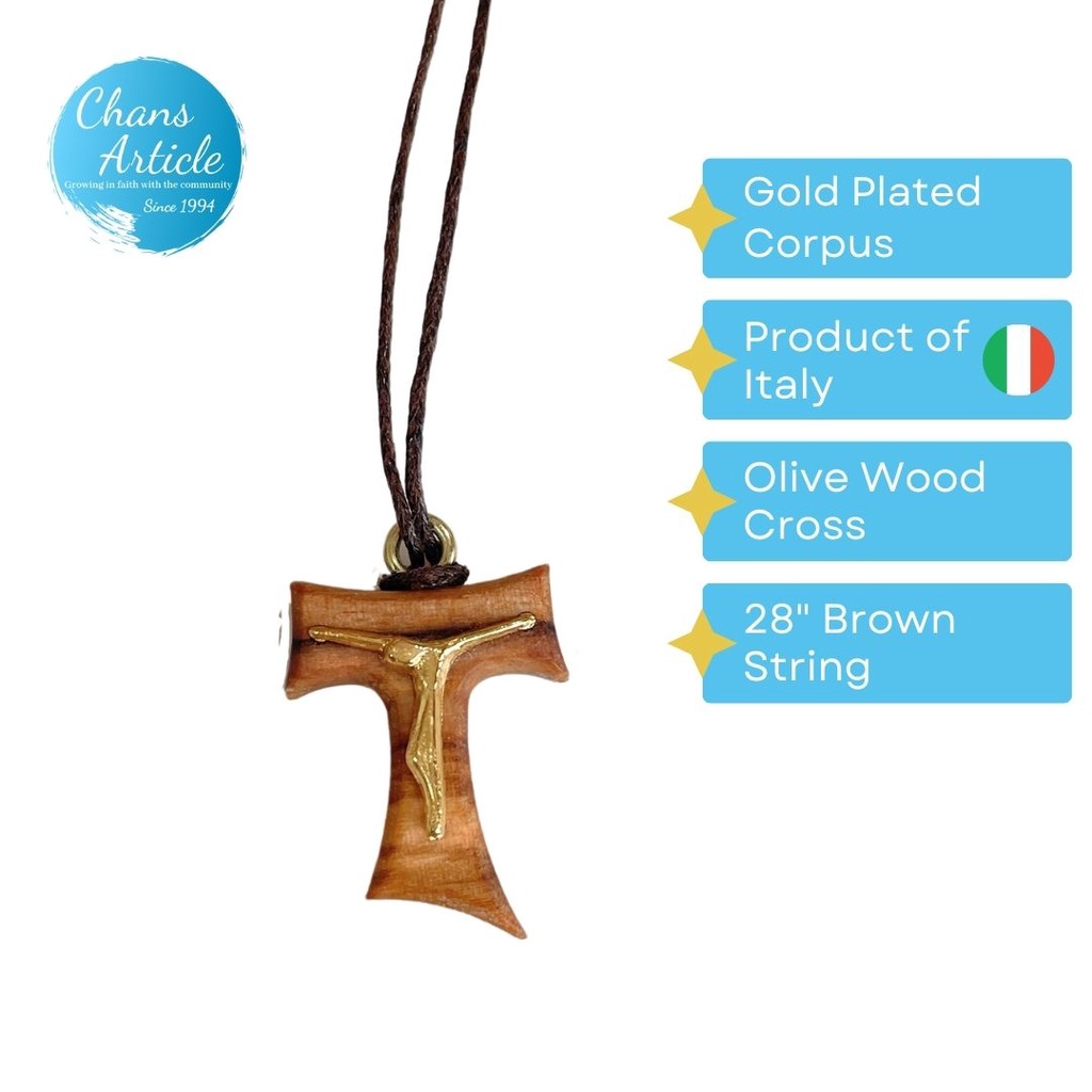Tau Cross Medal Crucifix Italy Olive Wood Cross Necklace with Gold ...