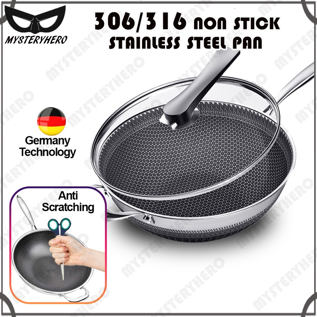 AXN Non stick Pan With Lid Wok 316 Stainless Steel Kuali Honeycomb