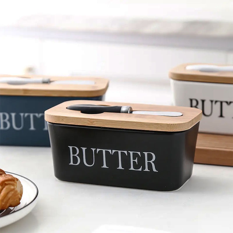 Airtight Wooden Lid Cutting Board Ceramic Butter Box With Knife ...