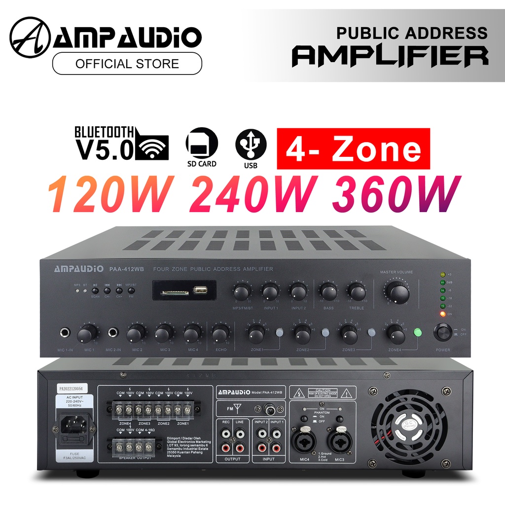AmpAudio 120W/ 240W/ 360 Public Address Amplifier 4-Zone Selector With ...