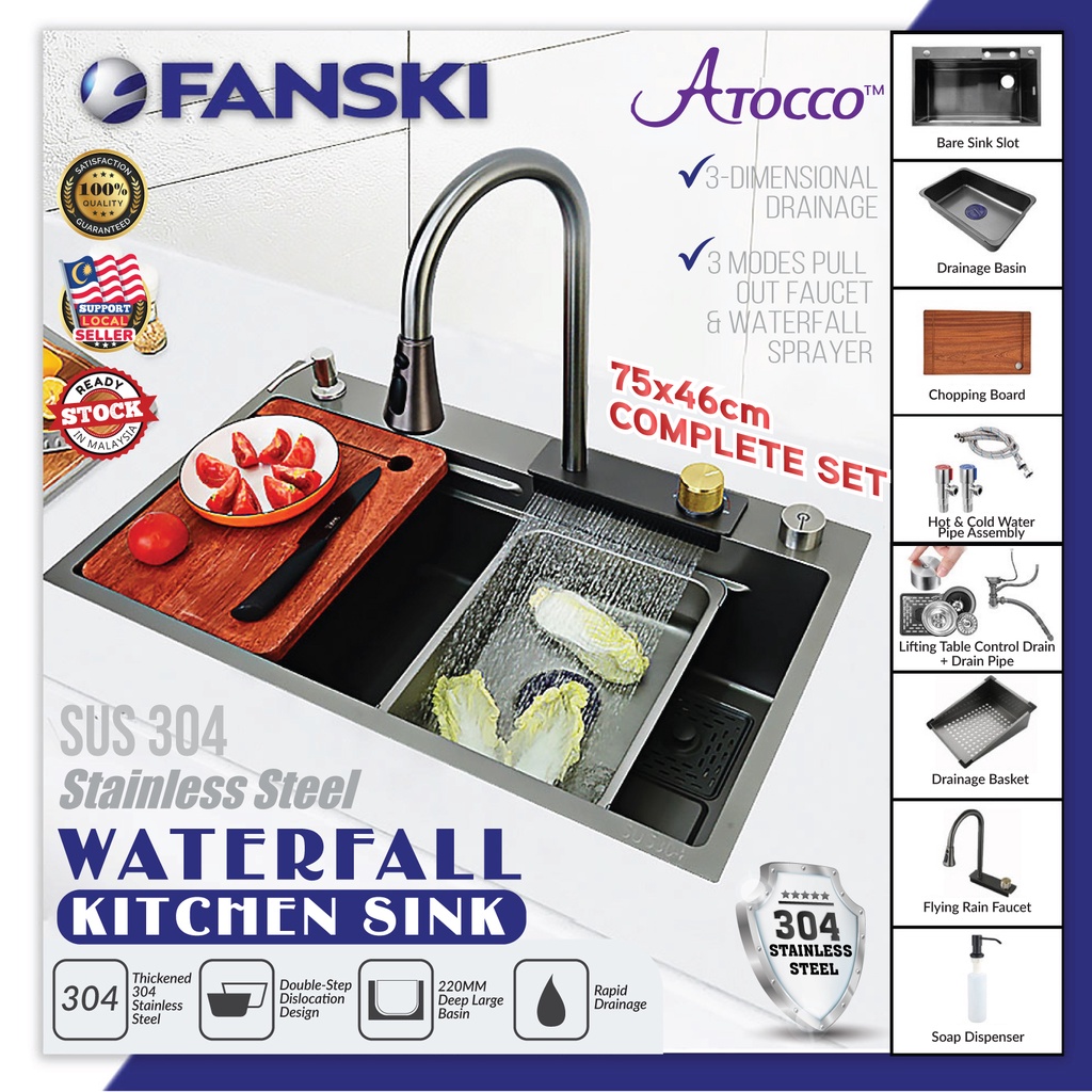Stainless Steel Waterfall Kitchen Sink with Pull Out Faucet Soap ...