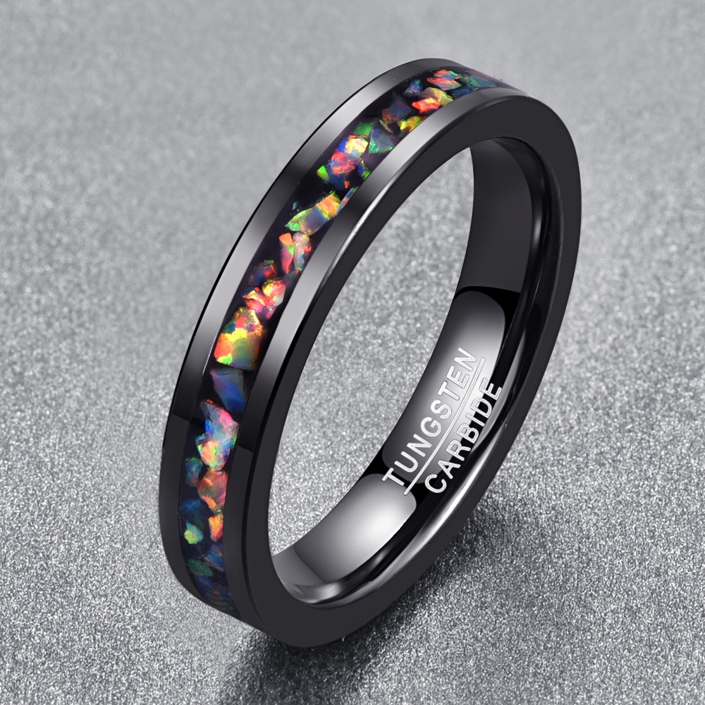 【Support Engraving】BONLAVIE 4mm Colorful Opal Inlay Tungsten Ring Black ...