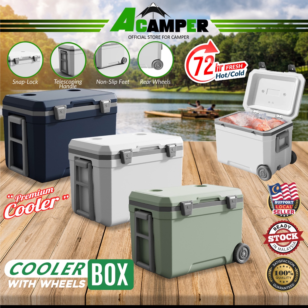 45L Cooler Box with Wheel Roller Portable Outdoor Food Storage Camping ...