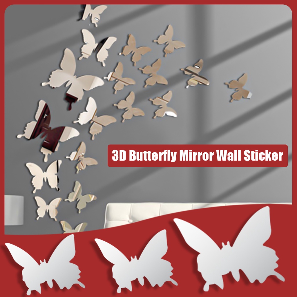 12Pcs/lot 3D Butterfly Mirror Wall Sticker Decal Wall Art Removable ...
