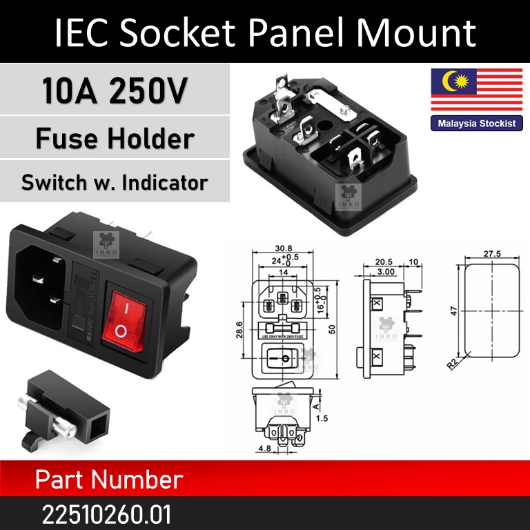 [Tinned Copper / Steel] *3P Switch IEC Socket Panel Mount Fuse Holder ...