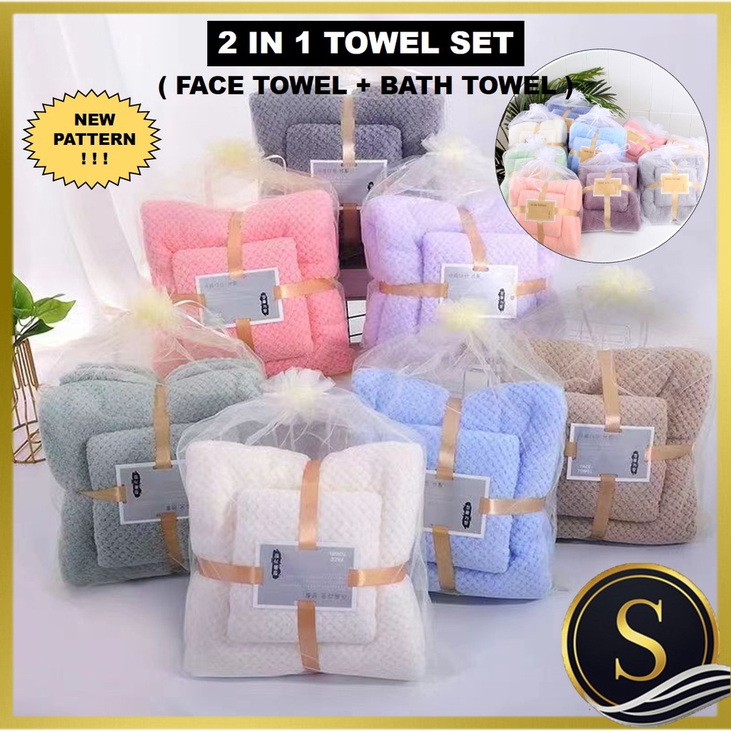 2in1 Towel Set Tuala Mandi + Tuala Muka High Absorbent Soft Bath Towel ...