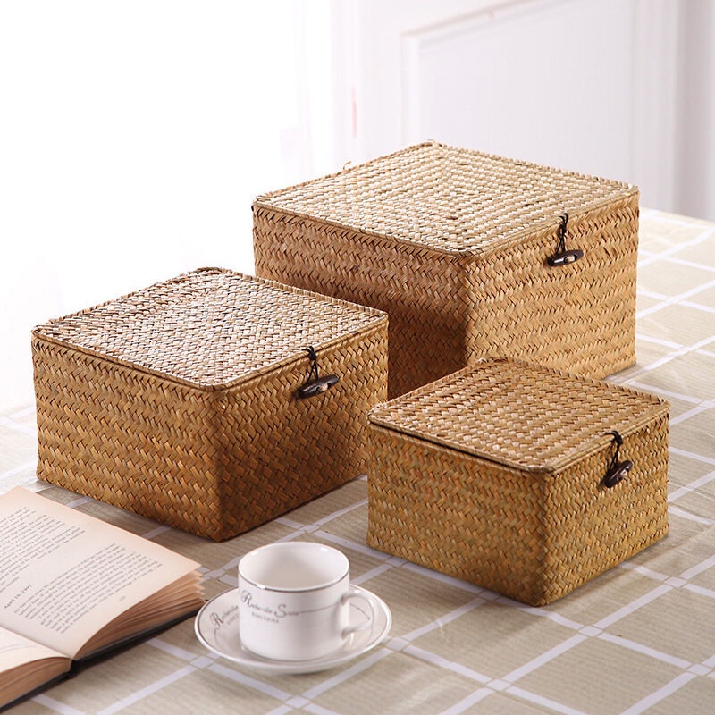 Straw Rattan Storage Basket With Lid Square Wicker Storage Box Storage ...