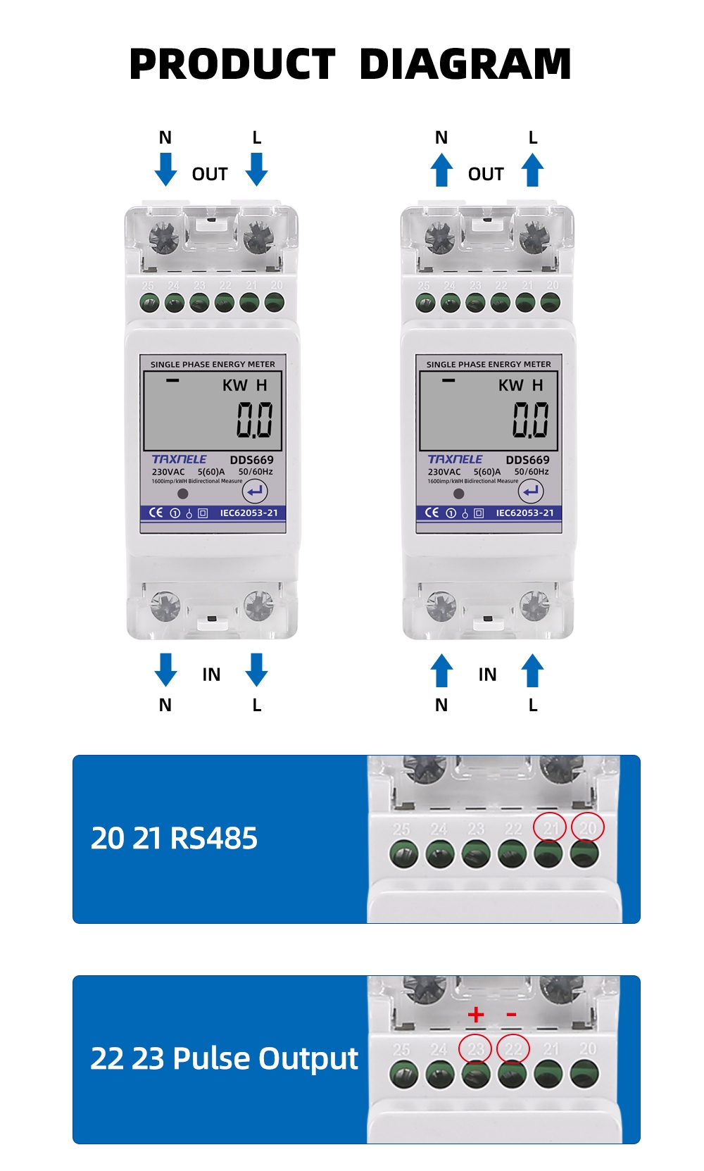 Multifunction 230V 60A Bi-directional Energy Meter Import Export KWH ...