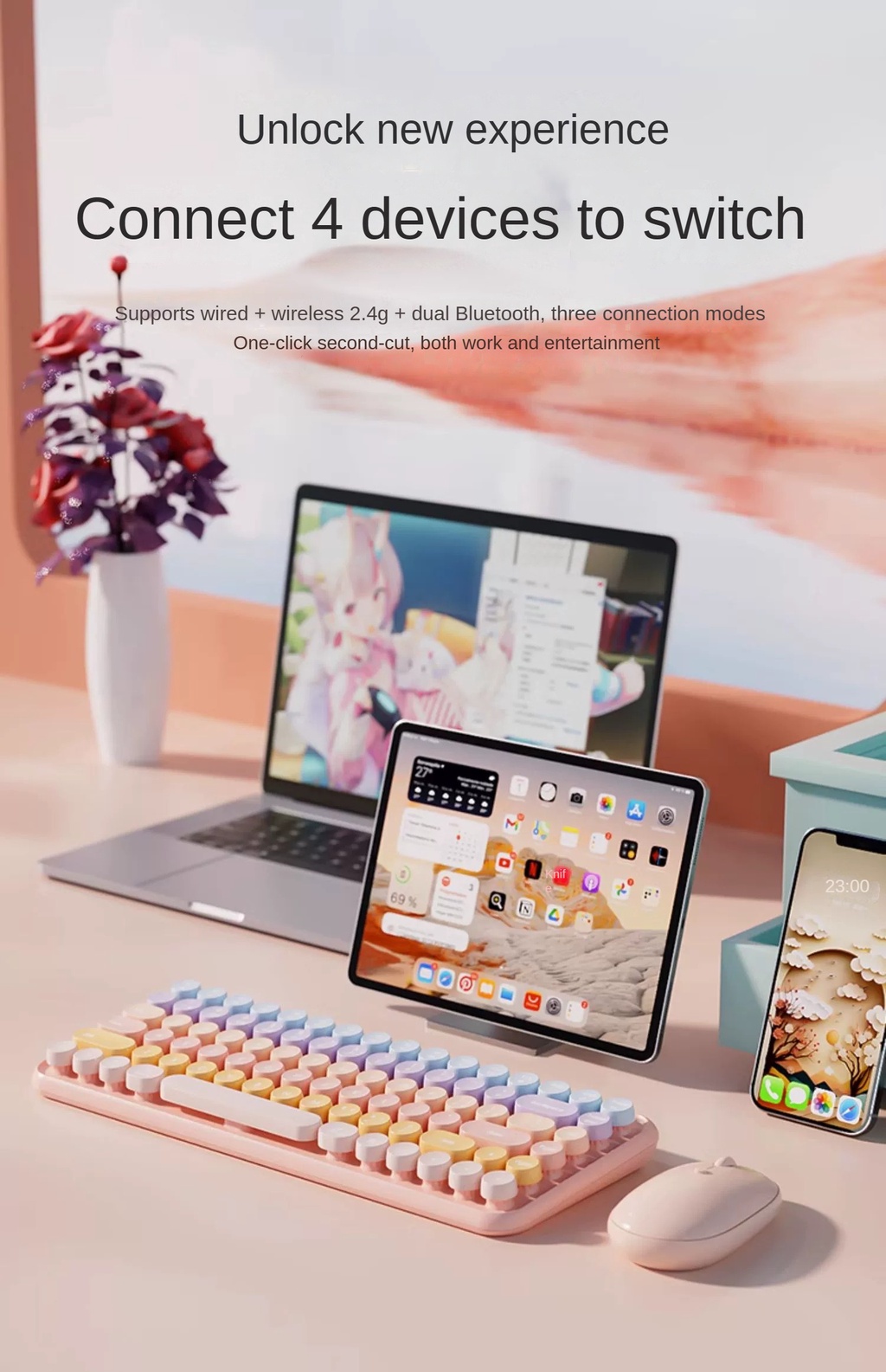 BOW Dual Mode Bluetooth Keyboard and Mouse Set Retro Round keycap 2.4g ...