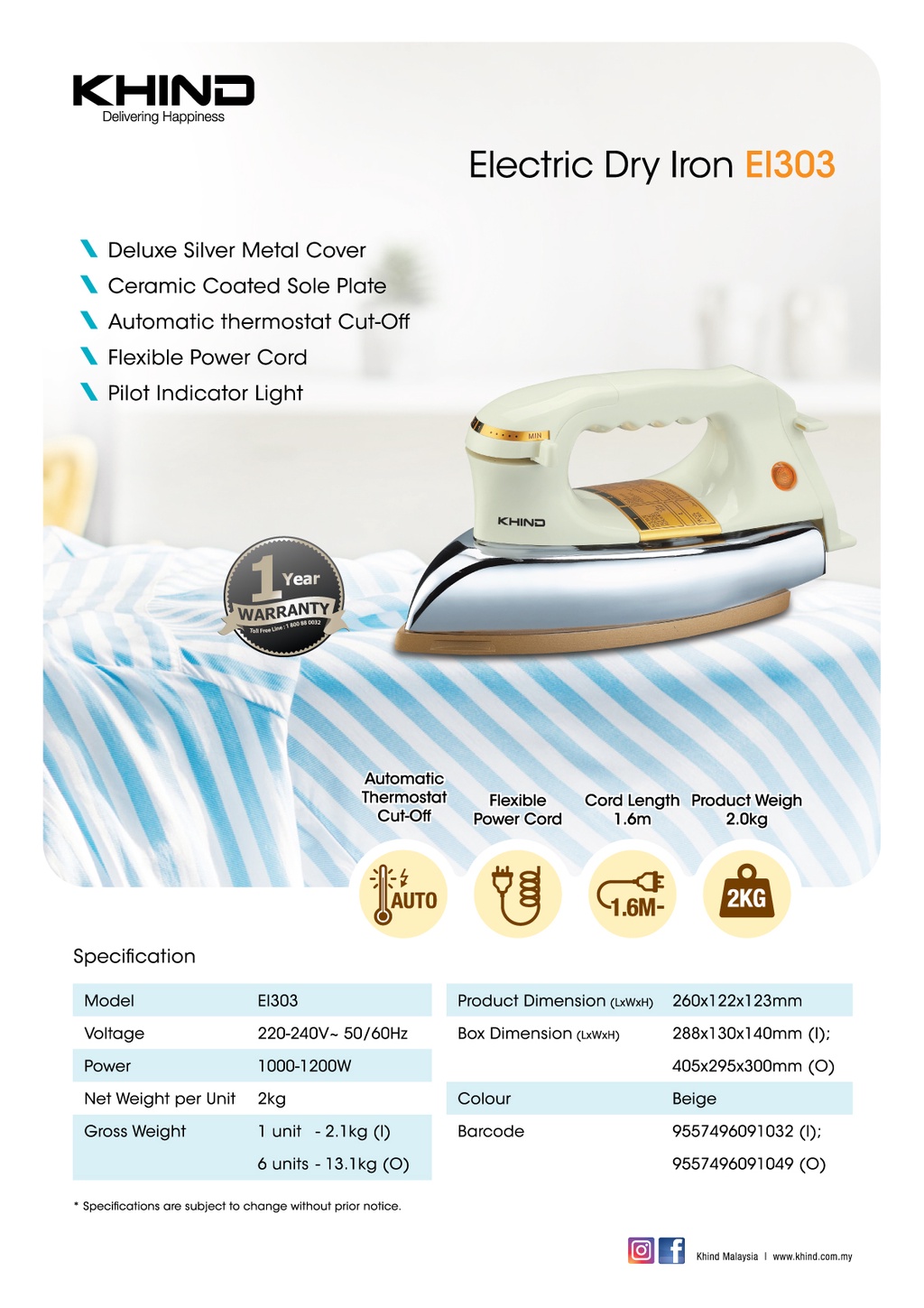 Khind EI303 Electric Dry Iron 2KG 1200W Berat Heavy | Shopee Malaysia