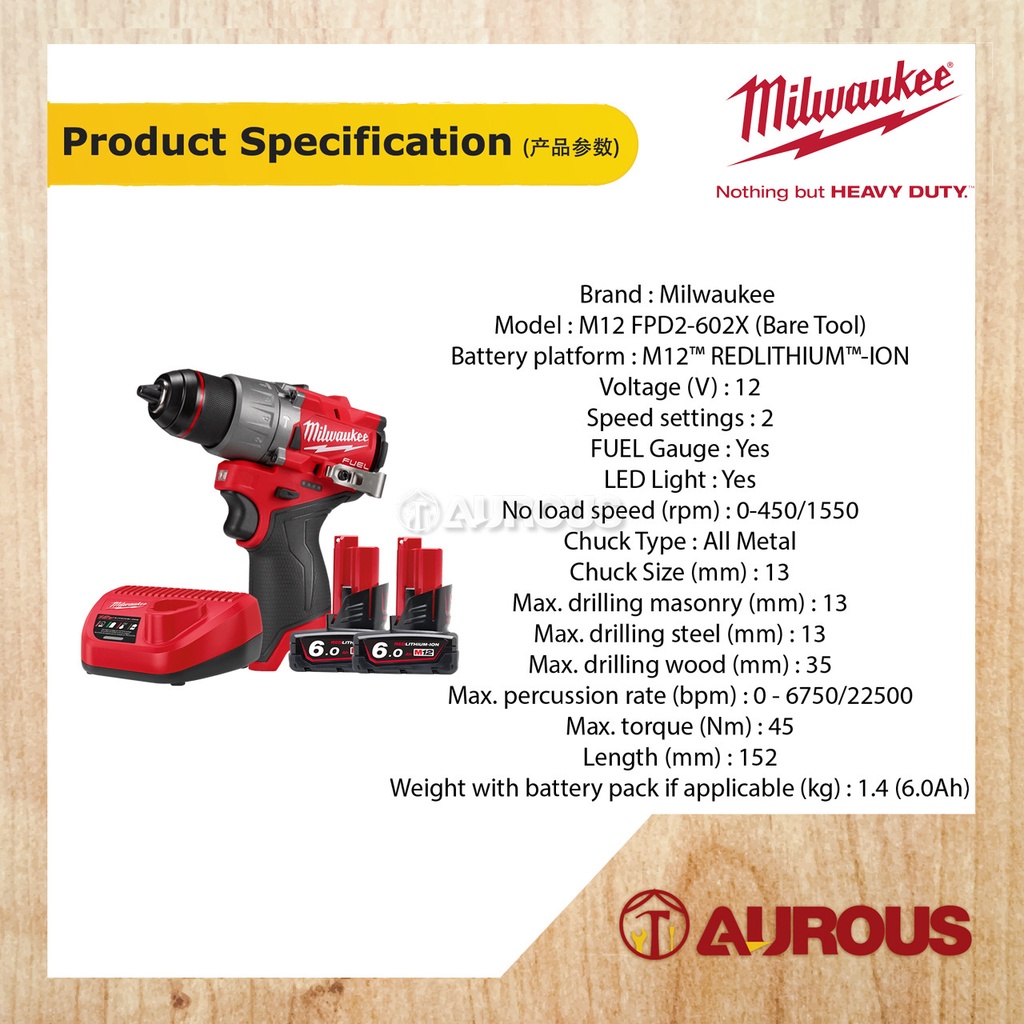 MILWAUKEE M12 FUEL GEN 3 13MM PERCUSSION HAMMER DRILL/DRIVER (M12 FPD2-0 / M12 FPD2-602X ...