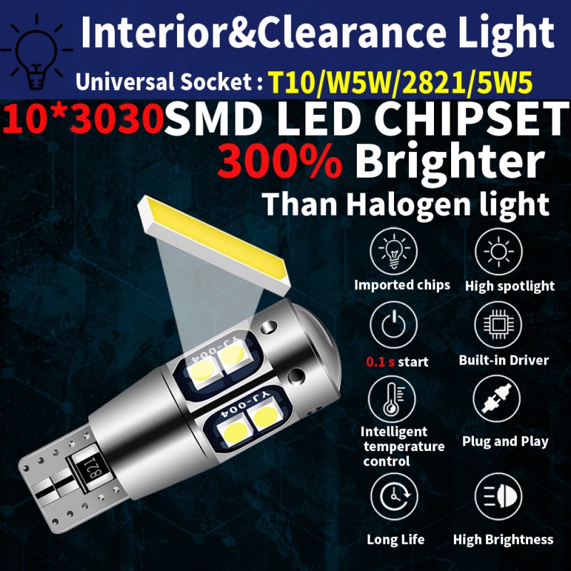 2x W5W T10 LED Canbus No error 12V 6000K 3030 10 SMD Car 5W5 LED Bulb ...