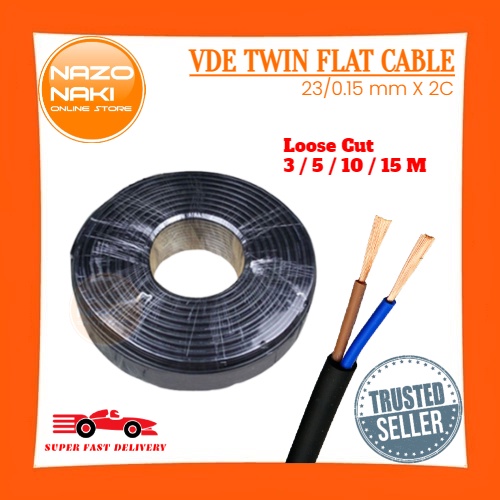 Pure Copper 23/0.15 x 2C Twin Flat VDE Cable Black 2 Core PVC Insulated Twin Flat Wire Wayar ...