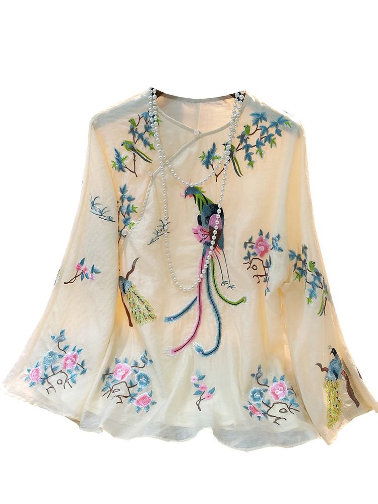 New Fashion Chinese Casual Tops Retro Round Neck Embroidered Blouse For ...