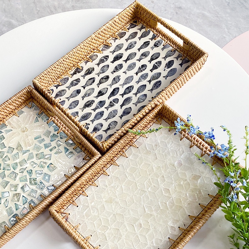 Rectangular Rattan Mother Of Pearl Inlaid Tray Coffee Table Tray ...