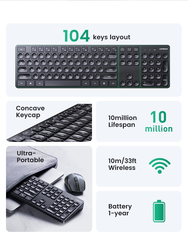 UGREEN Wireless Keyboard Mouse 2.4G 104 Keys Concave Keycaps Non Delay ...