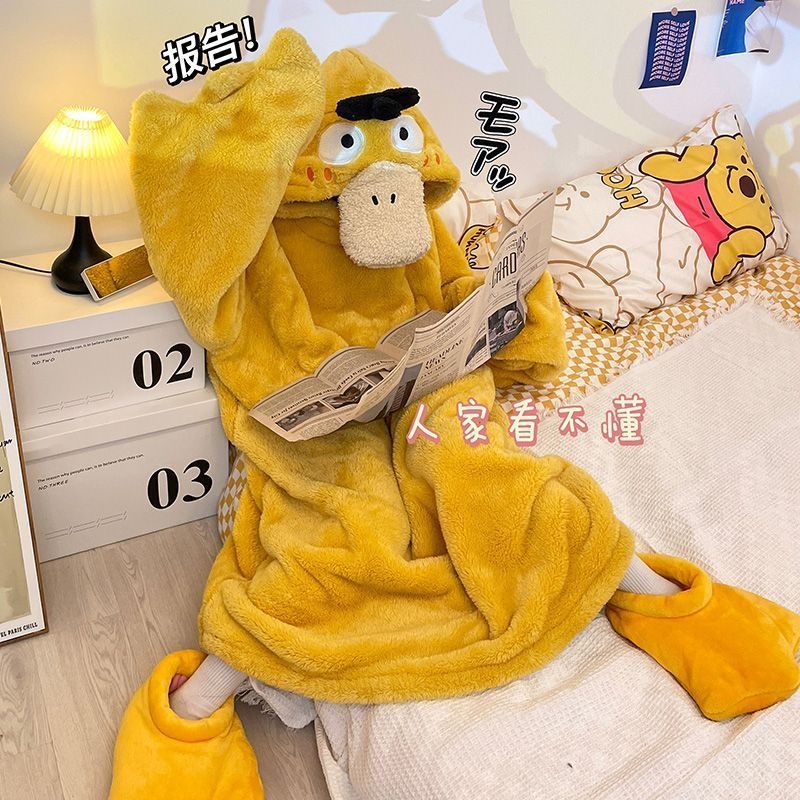 Pokemon Psyduck Pajama Girl Cute Funny Duck Thick Coral Plush Sleepwear ...