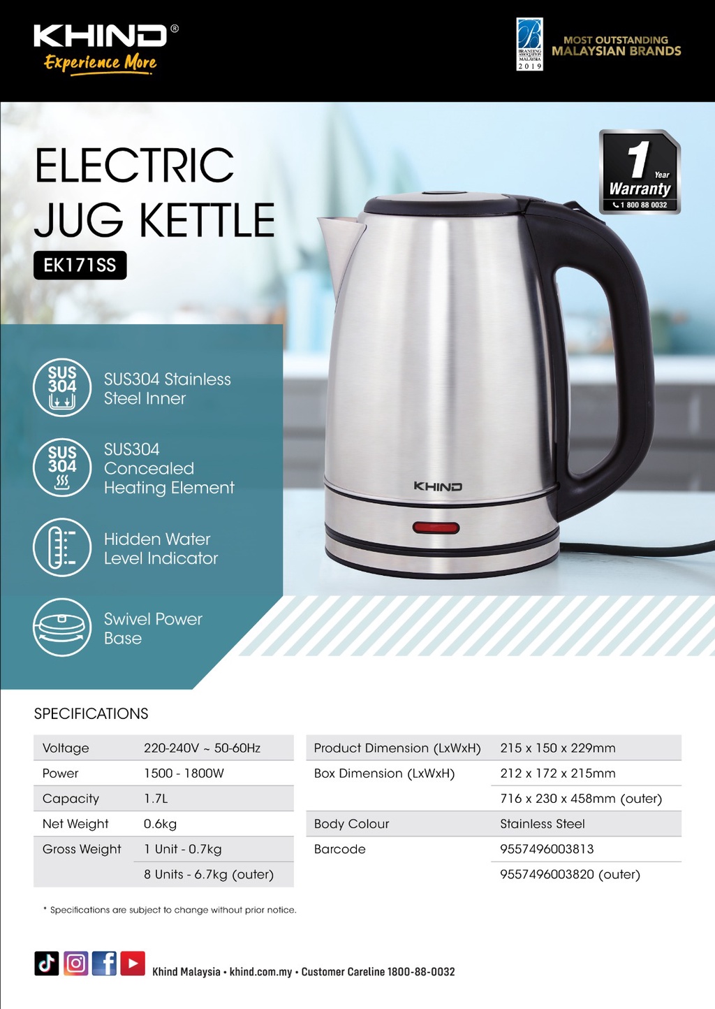 Khind Stainless Steel Electric Jug Kettle Cerek Elektrik Masak Air 1.7L ...