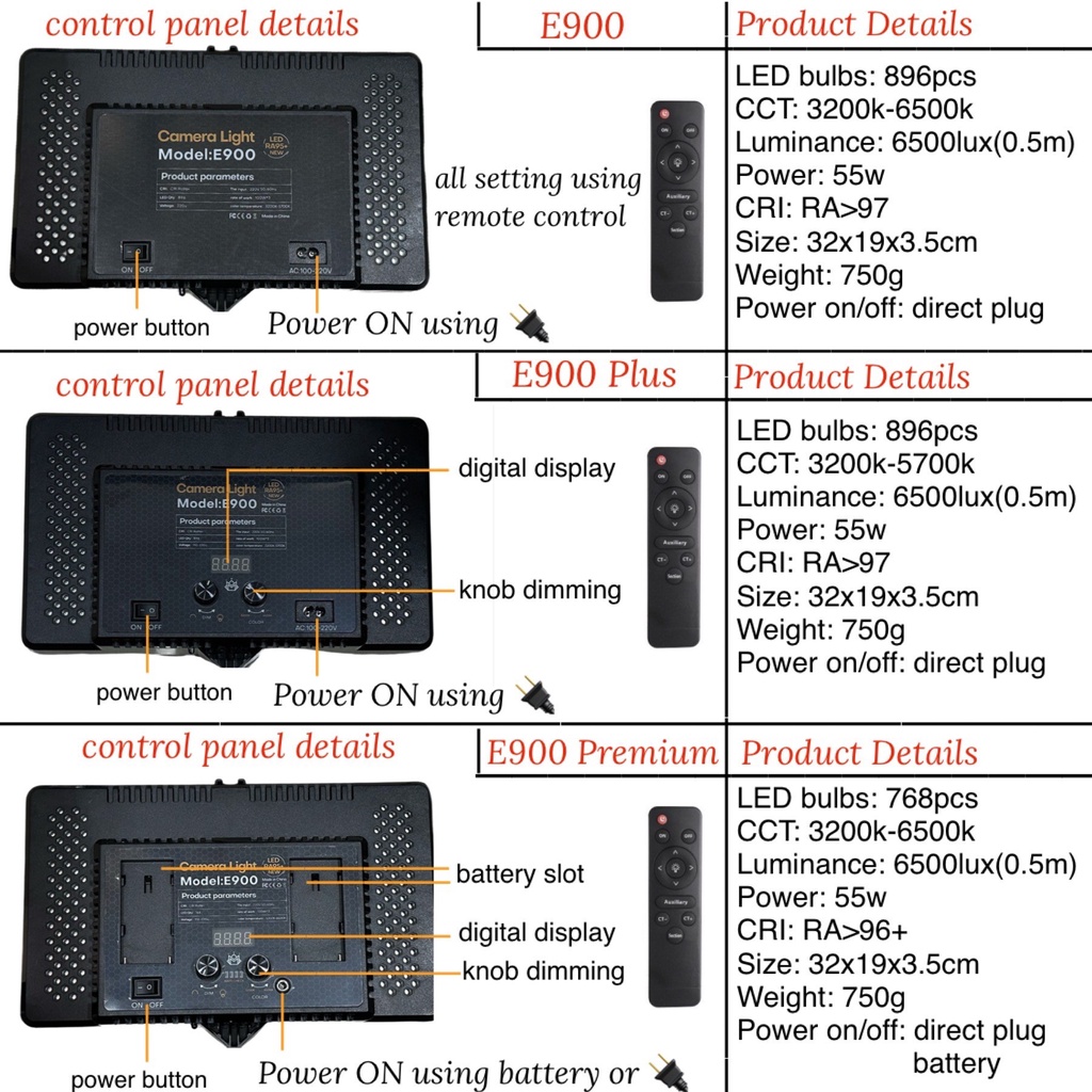 E900 LED Camera Light Protable Battery Light 55W Flat Panel Lamp LED ...