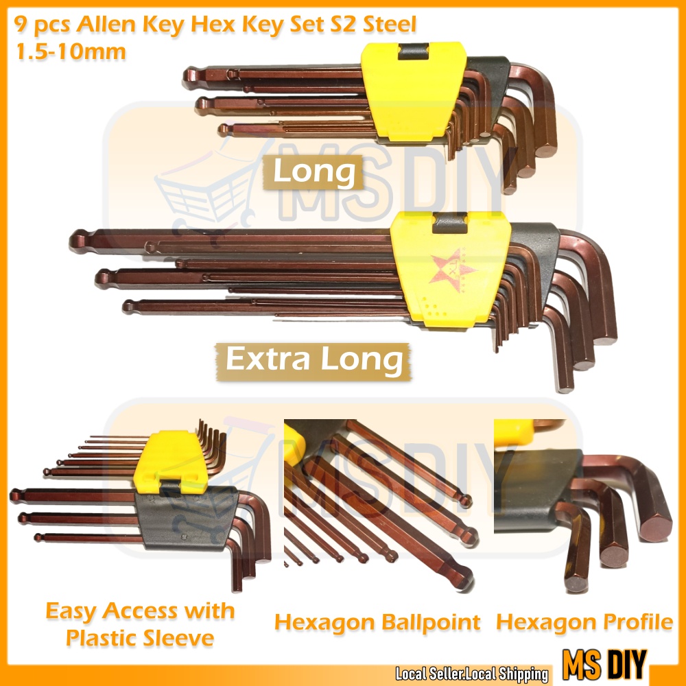 9 Pcs Allen Key Hex Key Set Ball Point Flat Head Extra Long L-Key S2 ...