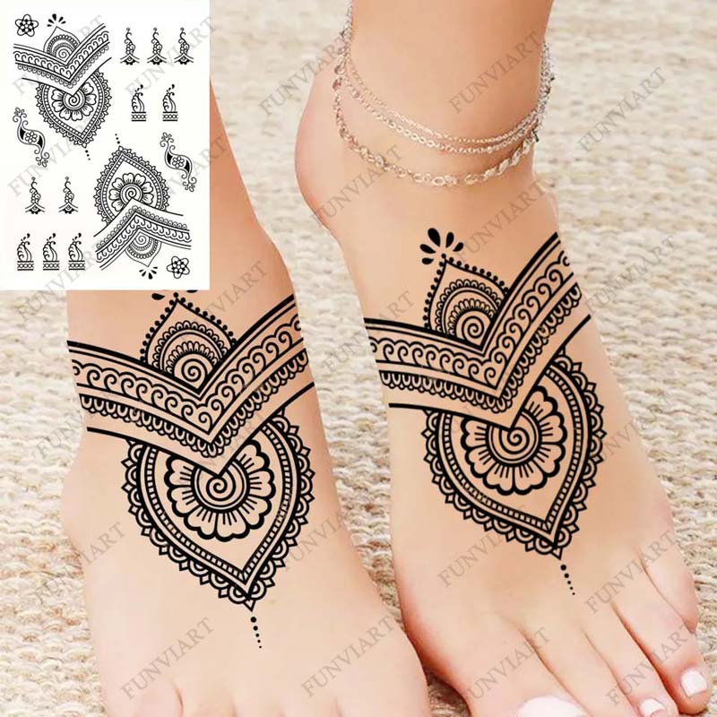 Black Henna Temporary Tattoos for Women Lace Flower Mehndi Sticker for ...
