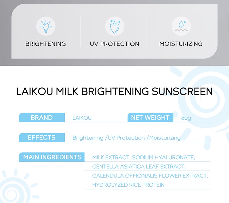 LAIKOU Milk Brightening Sunscreen SPF50 PA+++ UV Protection Face Body ...