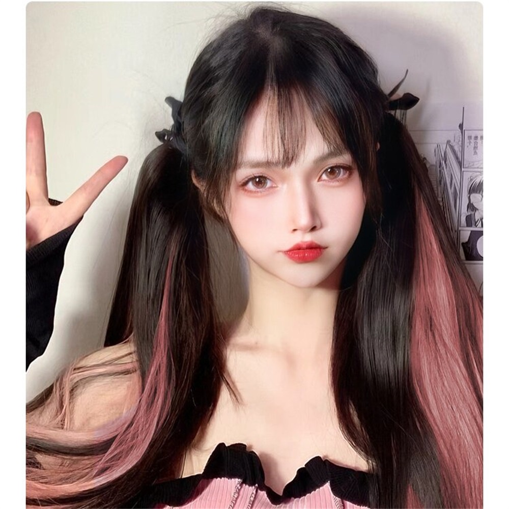 Y2K 50cm girls sweet cool Pink Highlighted Dyed Simulated Long Straight ...