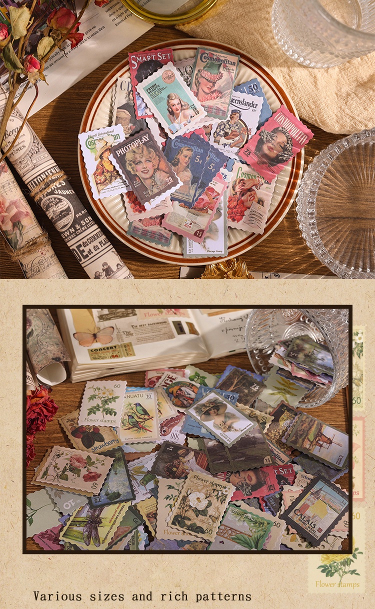48 Pcs Vintage Stamp Style Stickers Pack Scrapbook Deco DIY Stamp ...