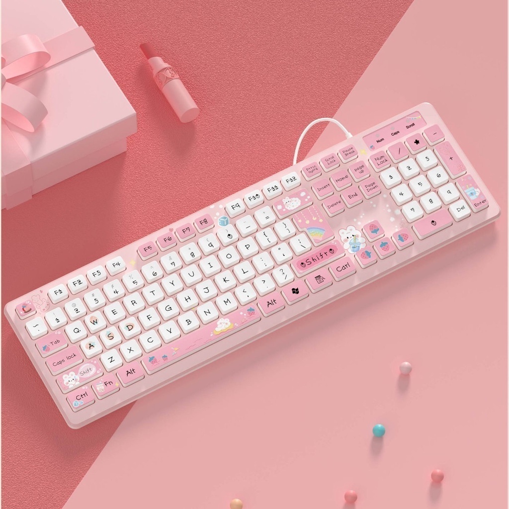Wired USB Keyboard Cute Cartoon Rabbit Silent Keyboard With 104 Keycaps ...