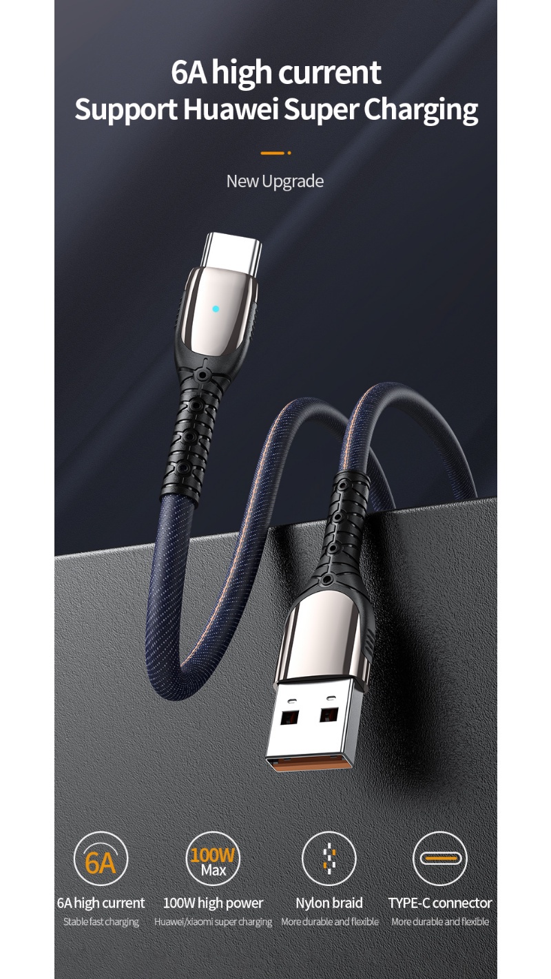 6A 100W Fast Charger Cable with LED Light Micro USB / Type-C Quick ...