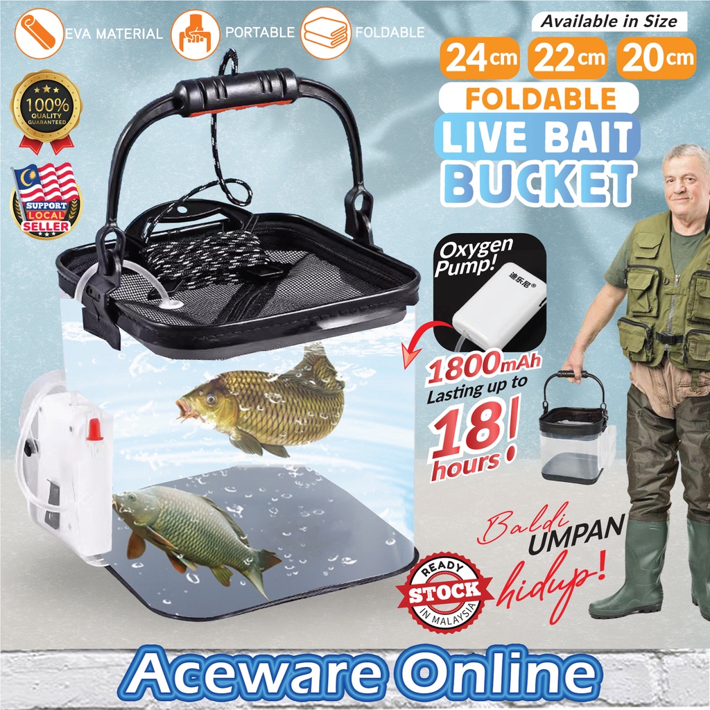 Foldable Live Bait Bucket with Oxygen Pump Barang Pancing Baldi Umpan ...
