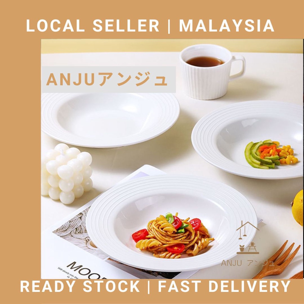 ANJU アンジュ White Ceramic Round Deep Soup Plate Spaghetti Plate/Mushroom ...